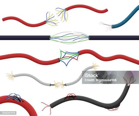 사실적인 상세한 3d 손상된 전기 케이블 세트 벡터 케이블에 대한 스톡 벡터 아트 및 기타 이미지 케이블 단열재 손상