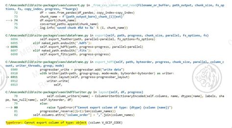 [bug report] typeerror cannnot export column of type object · issue