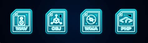 라인 Wav 파일 문서 Obj Wma 및 Php를 설정합니다 빛나는 네온 아이콘 벡터 로고에 대한 스톡 벡터 아트 및 기타