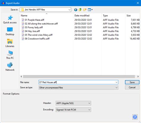 Other Uncompressed Files Export Options Audacity Manual
