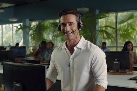 Premium Photo A Man Wearing A Headset Standing In Front Of A Computer