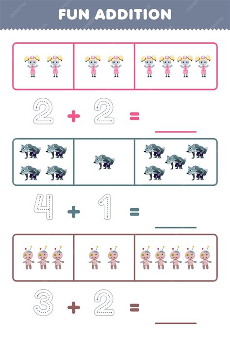 귀여운 만화 좀비 소녀 늑대 인간 부두 인형 인쇄용 할로윈 워크 시트의 수를 세고 추적하여 어린이를위한 교육 게임 재미 추가