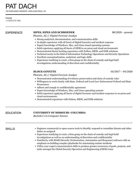 Digital Forensic Analyst Resume Samples Velvet Jobs