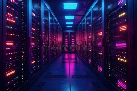 Modern Data Center Interior Lit With Vibrant Neon Lights Rows Of Server Racks Are Filled With