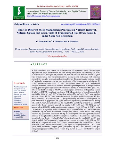 Pdf Effect Of Different Weed Management Practices On Nutrient Removal Nutrient Uptake And