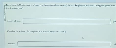 Experiment 3 Create A Graph Of Mass Y Axis Versus Volume X Axis For Iron Display The