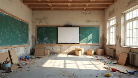 Old Classroom Undergoing Renovation With Peeling Walls Exposed Ceiling Beams Green