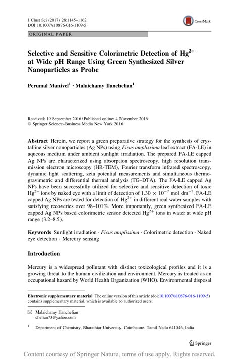 Selective And Sensitive Colorimetric Detection Of Hg2 At Wide Ph Range