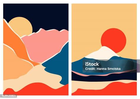 풍경이 있는 추상적인 현대 미적 배경 미드 센추리 모던 미니멀리즘 아트 프린트 보호 포스터 표지 일본식 산 언덕 호수 태양