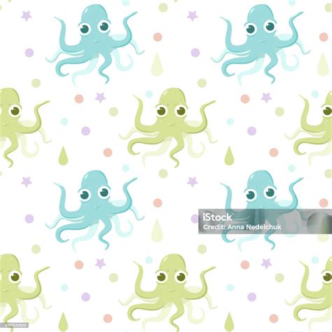 파란색 녹색의 귀여운 문어 원 방울이 있는 어린아이 같은 완벽 한 패턴 수중 세계와 바다 주민에 대한 컬러 벡터 배경 0명에 대한 스톡 벡터 아트 및 기타 이미지 Istock