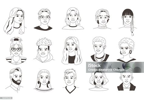 다양한 젊은 남녀의 스케치 초상화 세트입니다 낙서 스타일의 아바타 인물 아이콘 모음입니다 사람 얼굴의 간단한 고립 된 벡터 그림입니다 스케치에 대한 스톡 벡터 아트 및 기타