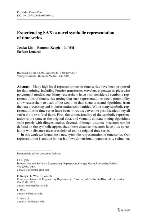 Pdf Experiencing Sax A Novel Symbolic Representation Of Time Series