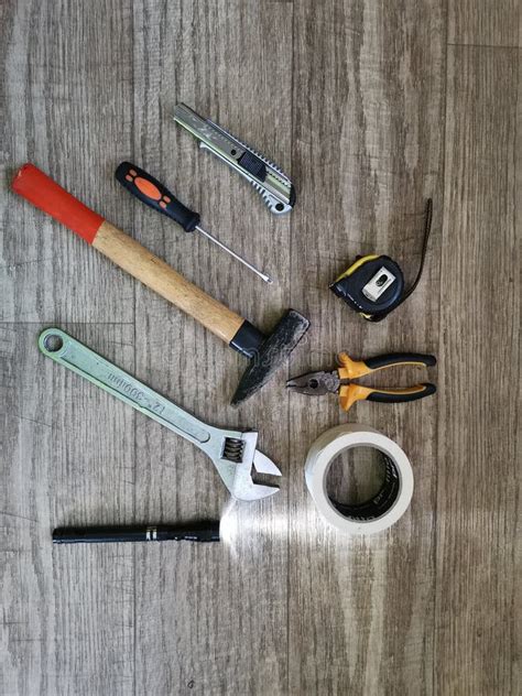 Male Tools Neatly Lying On The Floor Tools For Minor Repairs Stock Photo Image Of Wrench