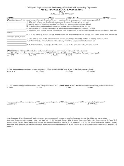 Variable Load Problems Key Pdf Power Station Watt