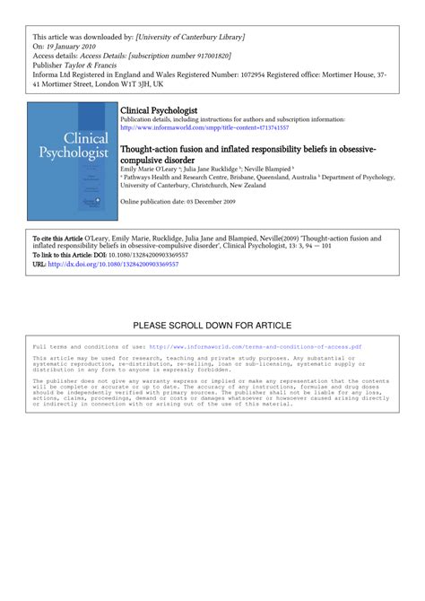 Pdf Thought Action Fusion And Inflated Responsibility Beliefs In Obsessive Compulsive Disorder