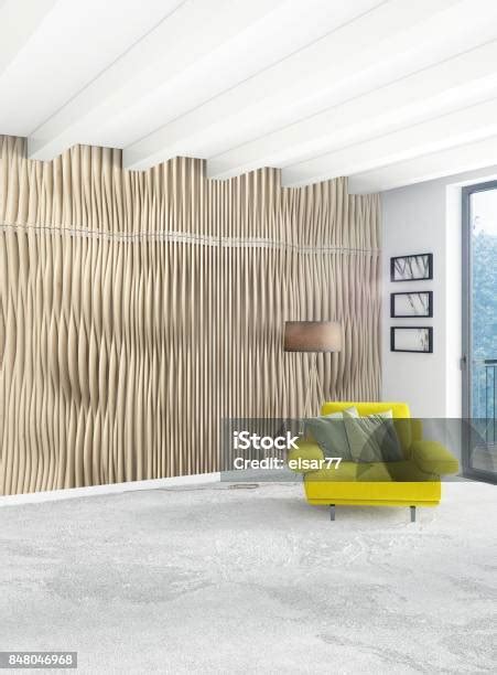 최소한의 스타일 화이트 침실 나무 벽과 회색 소파 인테리어 디자인 3d 렌더링입니다 3 차원 일러스트 레이 션 디지털 생성 이미지에 대한 스톡 사진 및 기타 이미지 Istock