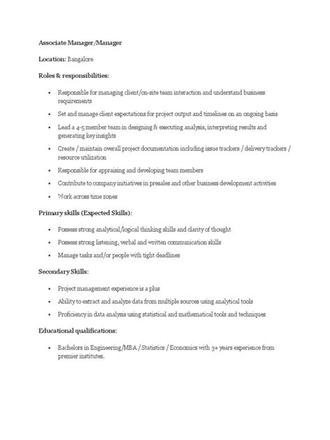 Associate Manager And Manager Roles And Responsibilities Pdf