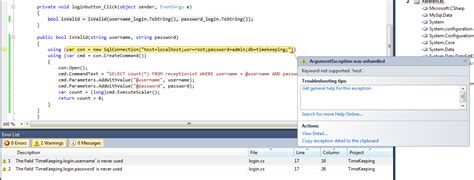 C The Keyword Used Is Not Supported Mysql And Visual Studio 2010