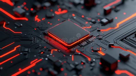 Closeup Of A Black Circuit Board With A Glowing Red Microchip Center