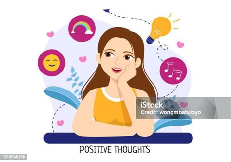 긍정적인 생각 벡터 일러스트레이션 긍정적인 생각은 창의성과 꿈을 상징하는 마음가짐으로 플랫 만화 손으로 그린 템플릿 Health에 대한 스톡 벡터 아트 및 기타 이미지