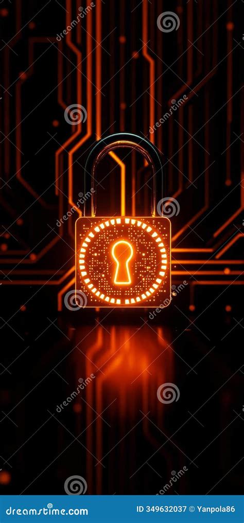 Glowing Orange Padlock On Digital Circuit Background Symbolizing Cybersecurity And Protection