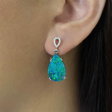Natural Australian Boulder Opal Diamonds Earrings 18k White Gold