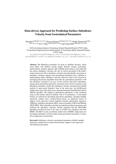 Pdf Data Driven Approach For Predicting Surface Subsidence Velocity From Geotechnical Parameters