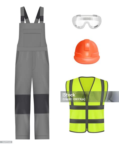 산업 유니폼 사실적인 작업복 전문 생성자 또는 엔지니어 바지 헬멧 신발과 재킷 반사 컬러 라인 괜찮은 벡터 템플릿 세트 모형에