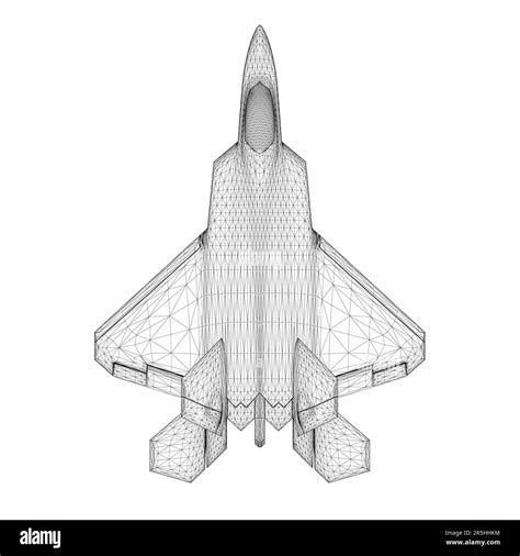 Combat Fighter Jet Wireframe From Black Lines Isolated On White Background View From Above 3d