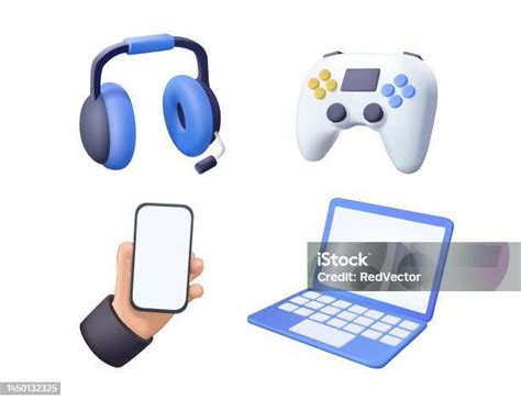 흰색으로 격리된 아이콘입니다 컴퓨터 장치 3d 렌더링 벡터 아이콘 세트입니다 컴퓨터 노트북 스마트폰 헤드폰 조이스틱 3차원 형태에 대한 스톡 벡터 아트 및 기타 이미지