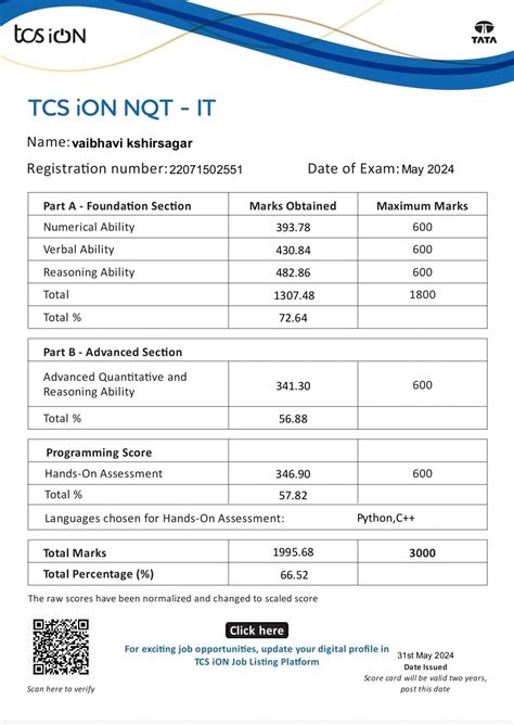Vaibhavi Kshirsagar On Linkedin Im Happy To Share That Ive Obtained A Score By Tcs Ion Nqt