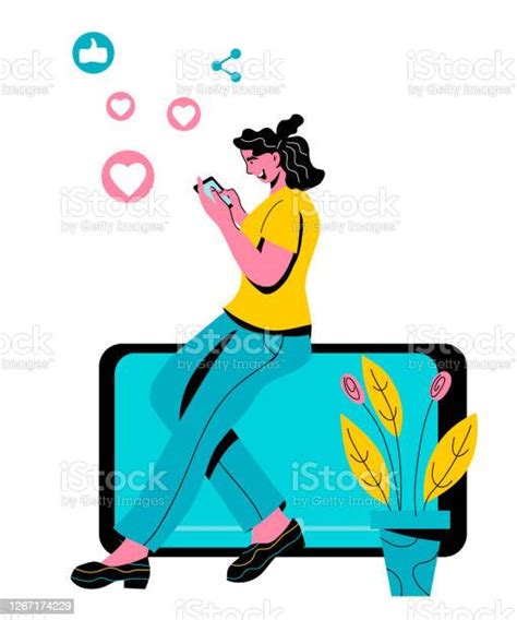 연결 벡터 일러스트레이션을 위해 전화를 사용하는 여성과의 가상 통신 가상현실에 대한 스톡 벡터 아트 및 기타 이미지 가상현실 개념 그래픽 사용자 인터페이스 Istock