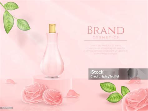 핑크 로즈 화장품 뷰티 광고 배너 봄 꽃 향기 향수 전시 연단 유체 병 포장 식물은 나뭇잎과 꽃을 피운다 벡터 3d 광고 배경 템플릿 0명에 대한 스톡 벡터 아트 및 기타