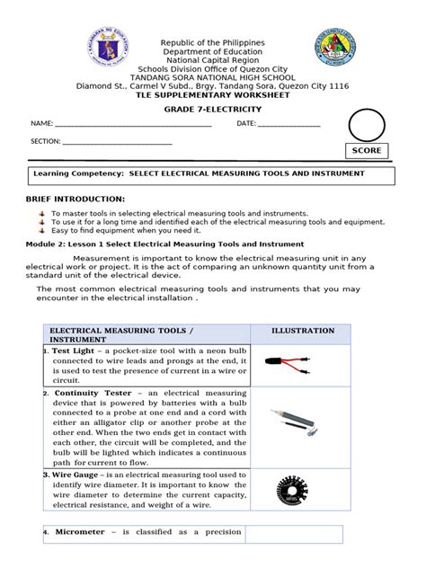 Worksheet Select Electrical Measuring Tools And Instrument Pdf