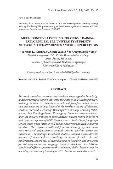 Pdf Metacognitive Listening Strategy Training Exploring Esl Pre