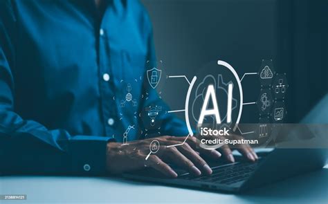 인공 지능 기술 개념 기술 전문가는 컴퓨터에서 인공 지능의 다양한 측면을 나타내는 아이콘과 상호 작용합니다 지능형 기술 Ai
