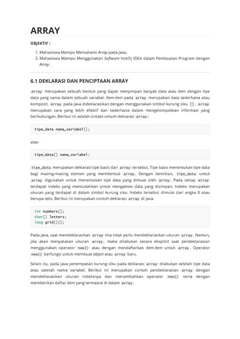 Topik 6 Array Pemrograman Berorientasi Objek Array Objektif 1