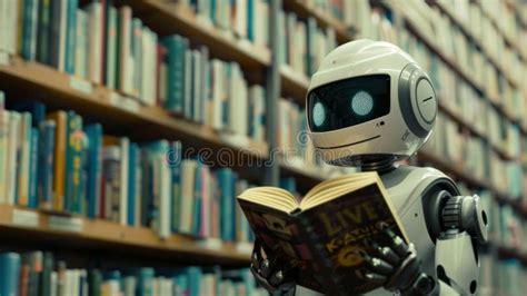 A Humanoid Robot With A Sleek White Design Is Reading A Book In A Library Full Of Books