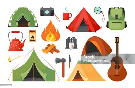자연에 피크닉 여름 휴가 야외 모험 여행 개념적인 봄 힙스터 여행 하이킹 도구 모닥불과 장작 캠핑 텐트 배낭과 나침반 벡터 캠프장 세트 가방에 대한 스톡 벡터 아트 및 기타