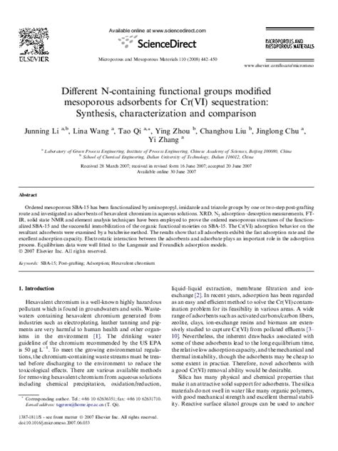 Pdf Different N Containing Functional Groups Modified Mesoporous