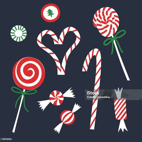 크리스마스 사탕 세트 사탕 지팡이 소용돌이 롤리팝 나선형 롤리팝 페퍼민트 봉봉 포장지 0명에 대한 스톡 벡터 아트 및 기타 이미지 Istock