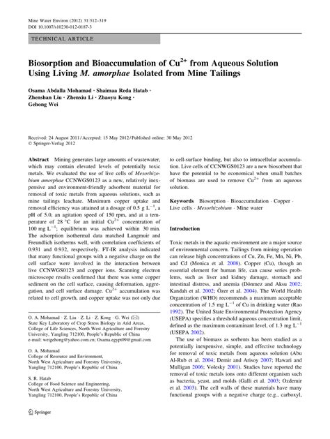 Pdf Biosorption And Bioaccumulation Of Cu Ii From Aqueous Solution