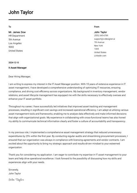 21 It Asset Manager Cover Letter Examples And Templates For 2025