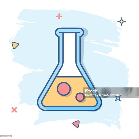 만화 스타일의 벡터 만화 화학 테스트 튜브 아이콘 실험실 유리 제품 사인 일러스트 그림 그림 플라스크 비즈니스 스플래시 효과