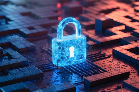 Cyber Cityscape With Interconnected Blocks Glowing Blue Padlock Vibrant Hues Stock