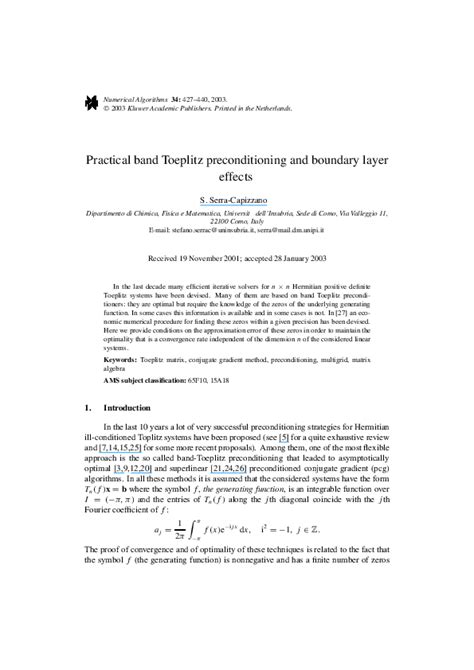 Pdf Practical Band Toeplitz Preconditioning And Boundary Layer Effects