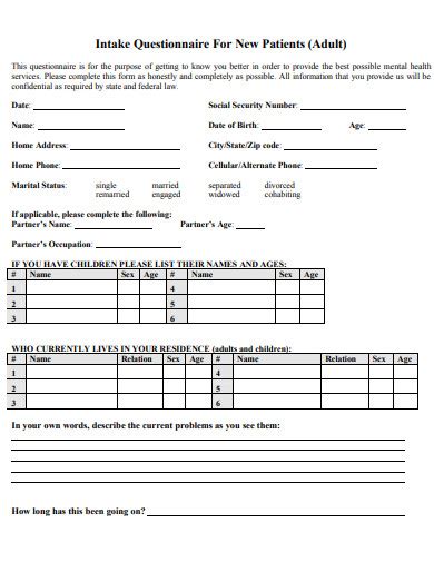 Free 33 Intake Questionnaire Samples In Pdf Ms Word