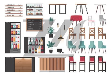 دانلود وکتور کارتونی دکور داخلی رستوران با اقلام مبلمان کافه دانلود