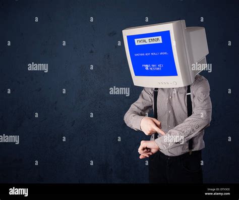 Person With A Monitor Head And Fatal Error Blue Screen On The Display Stock Photo Alamy