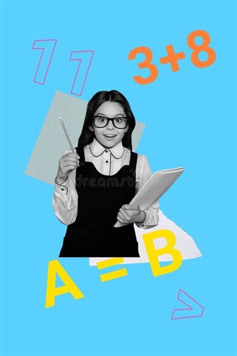 Vertical Poster Pop Collage Of Happy Nerd Preteen Schoolgirl Hold